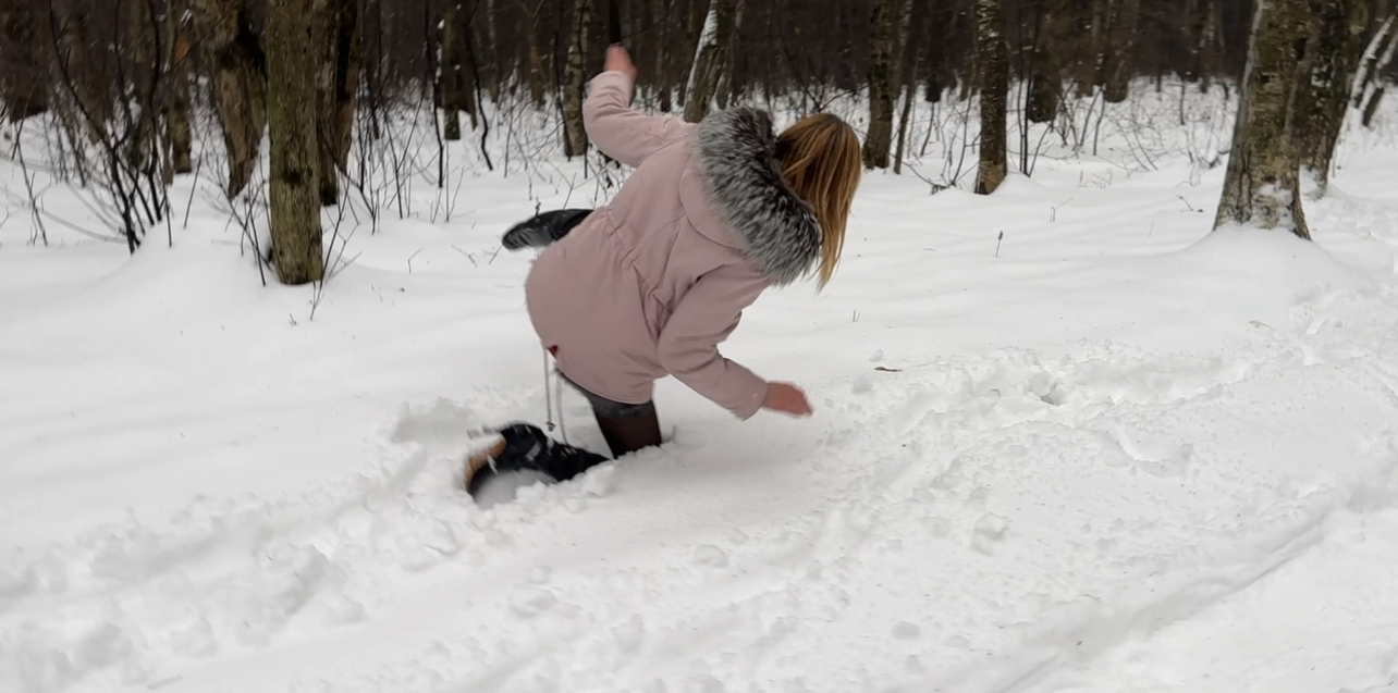 Girl Walks In High Heeled Boots In Deep Snow The Heels Get Stuck She