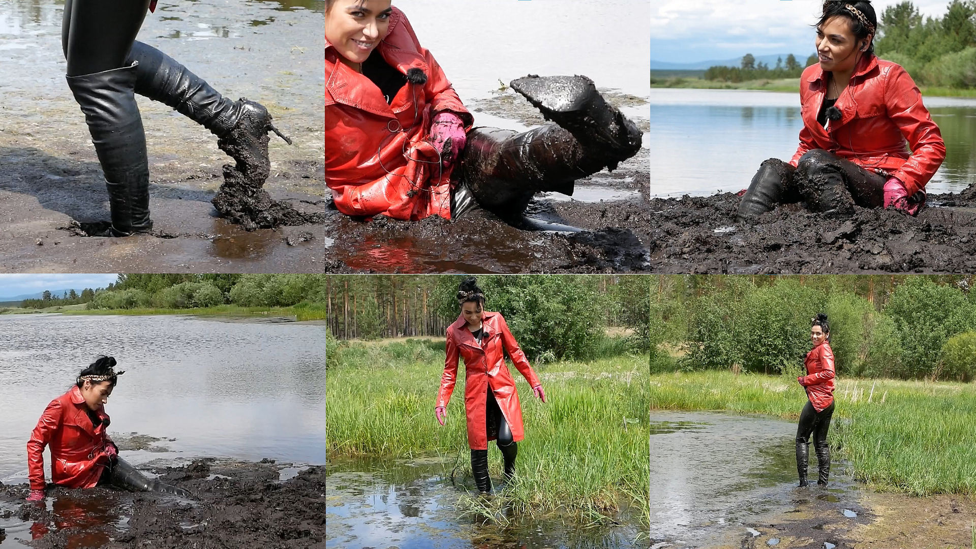 Kristina In High Heels Over Knee Boots And Full Leather Outfit Walks Through A Swamp Knee Deep