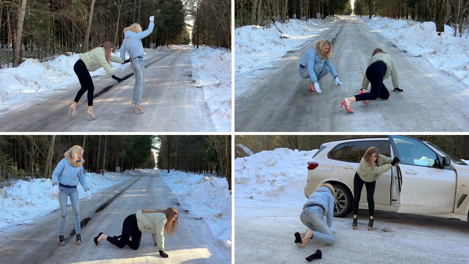 Two girls BAREFOOT comparing eight pairs of high heels on very slippery ...