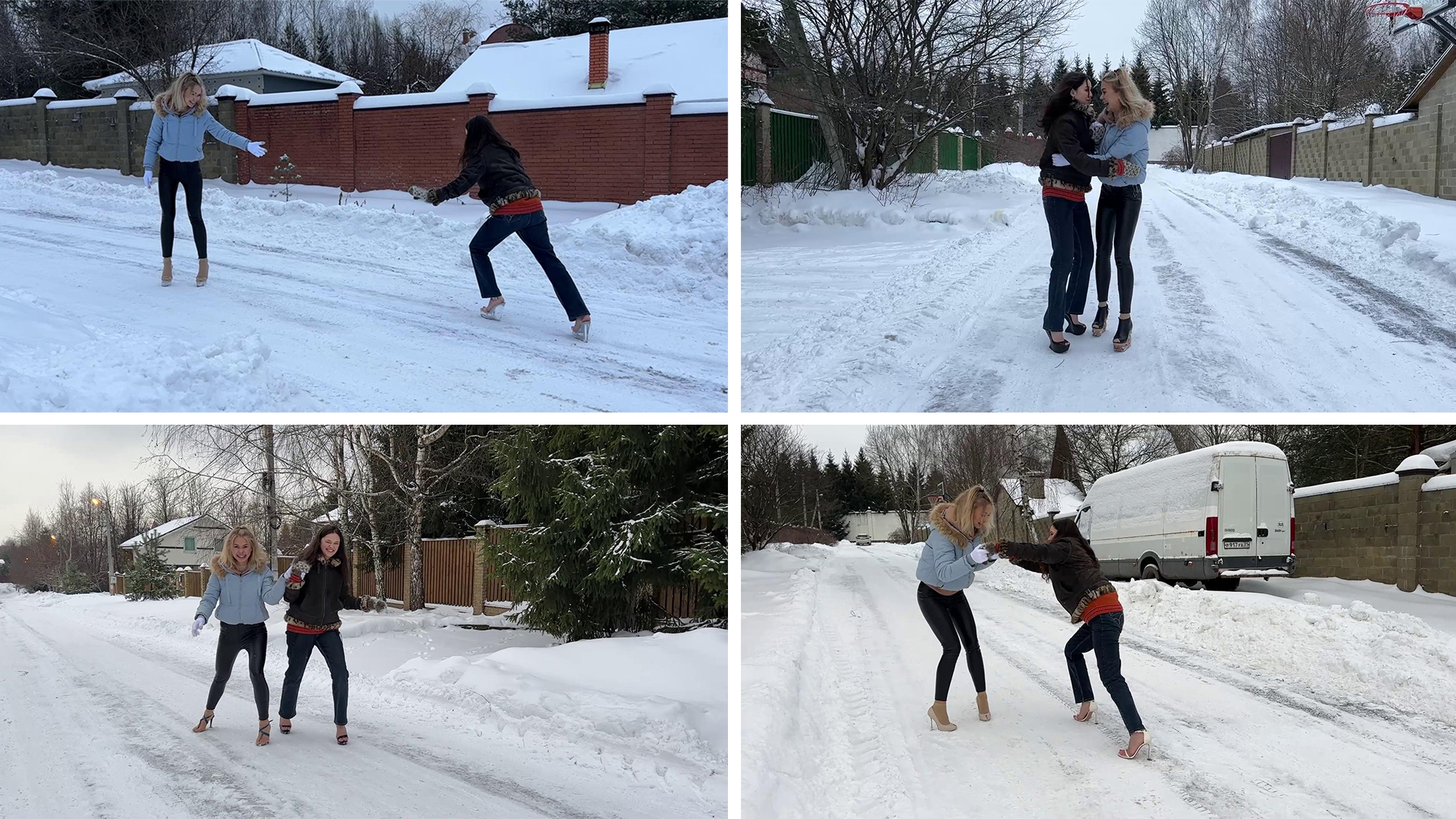 Two girls walking on different shoes on a very slippy ice, high heels ...