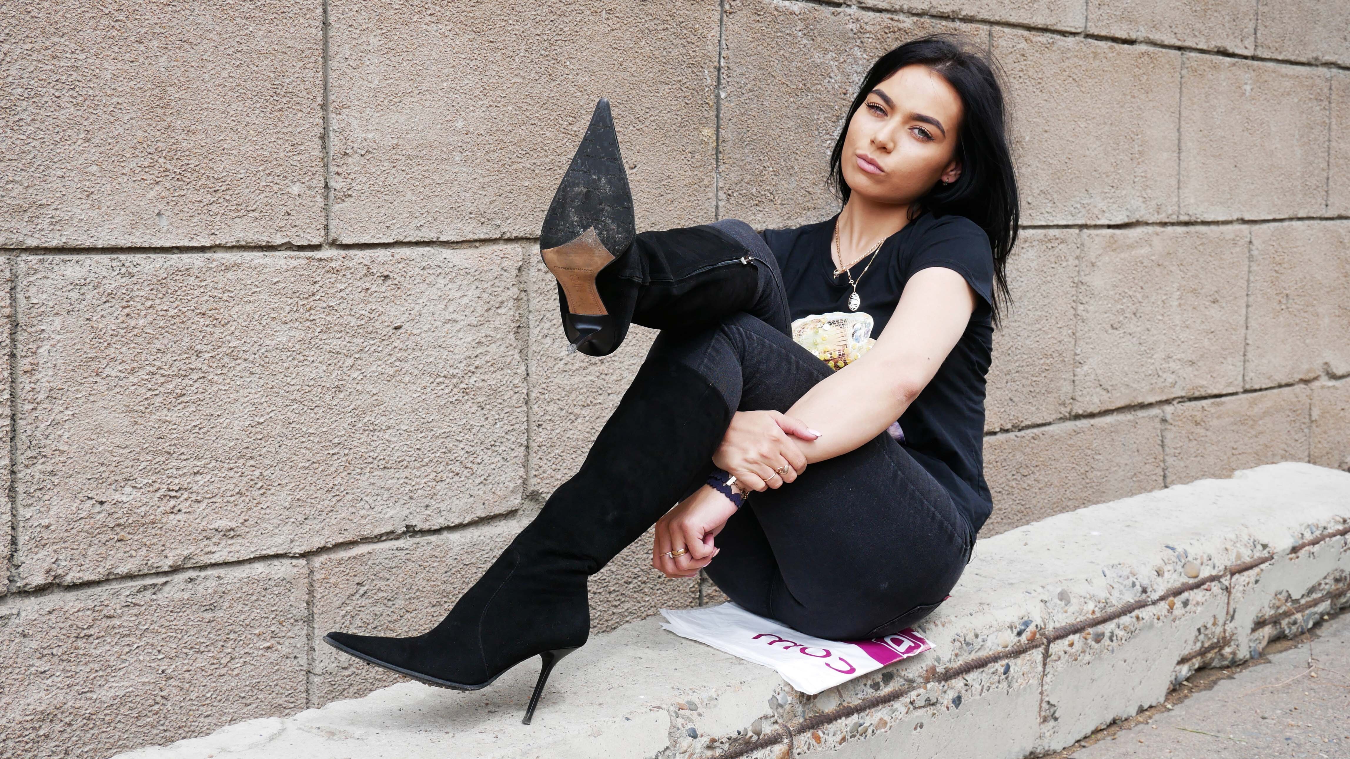 Kristina's pointed toe stiletto high heels black suede boots ...